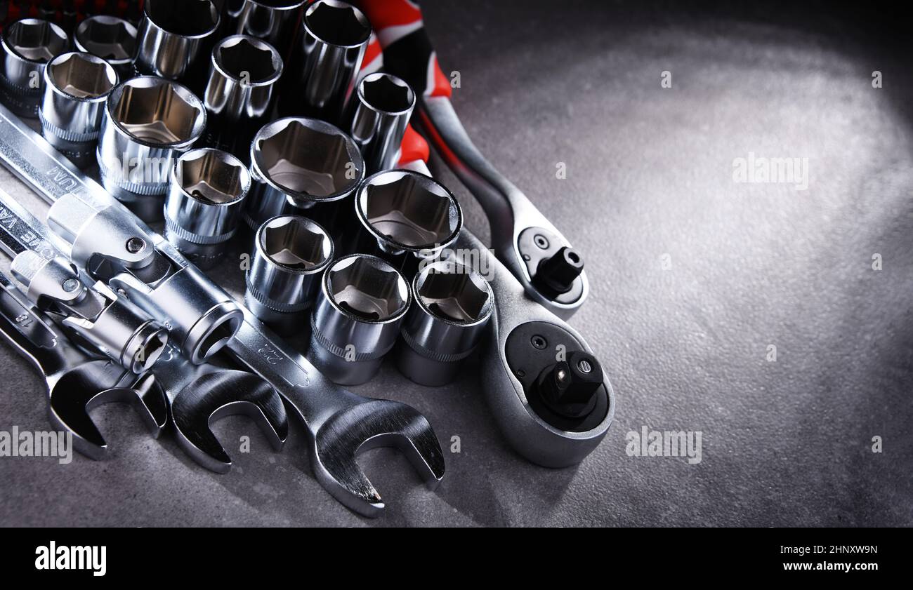 Composition with a variety of metal tools Stock Photo - Alamy