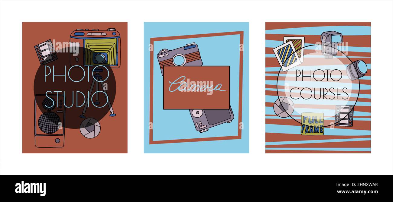 Vector photo cameras sketch banners. Hand drawn style. Different types ...