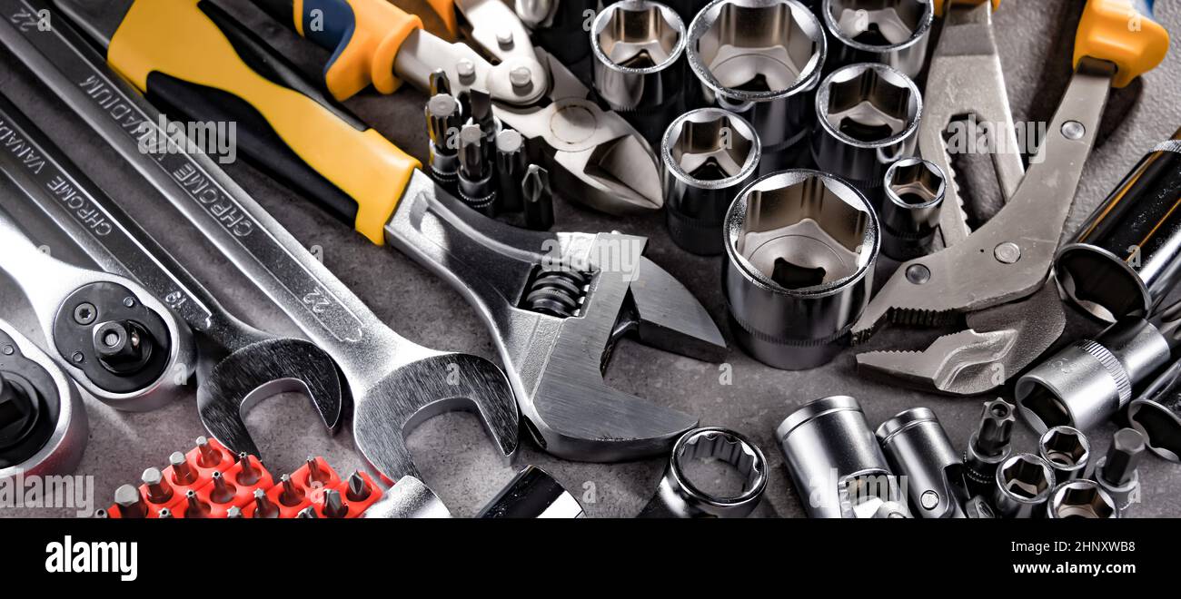 Composition with a variety of metal tools Stock Photo - Alamy