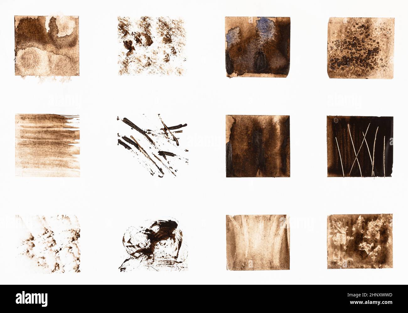 examples of various aquarelle painting techniques hand-drawn in sepia ...