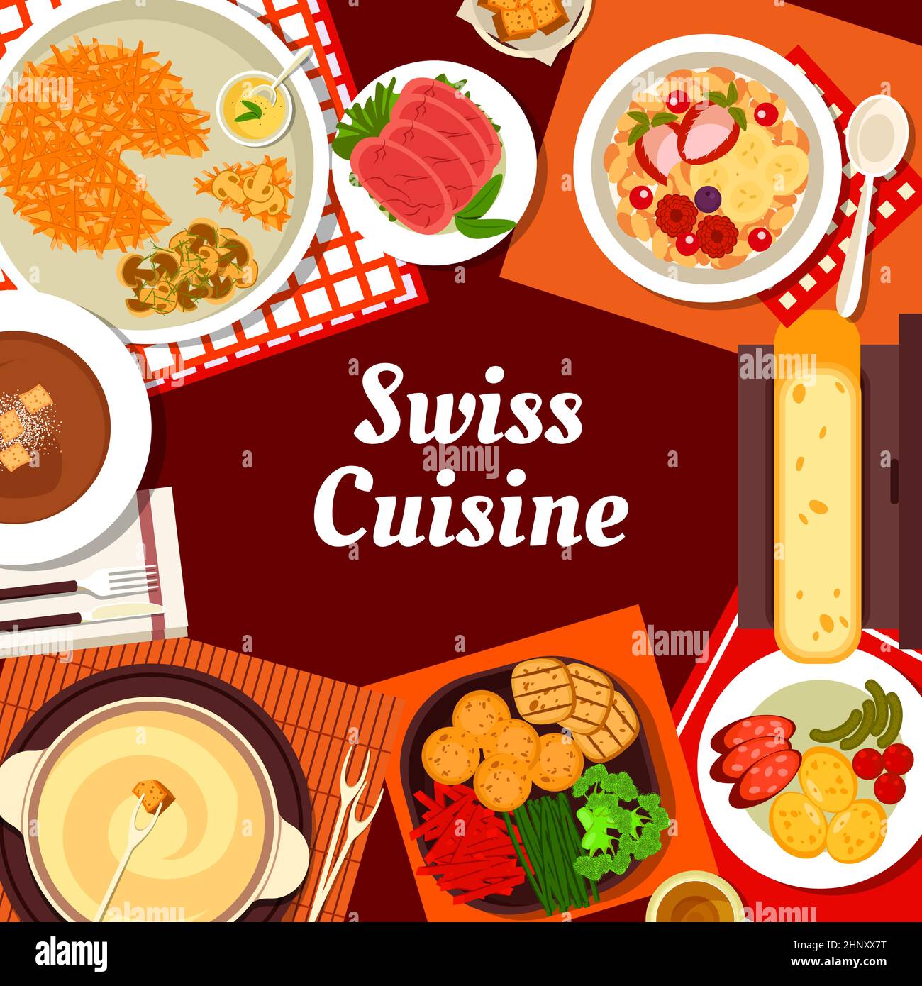Swiss cuisine menu cover, restaurant food dishes and meals, vector ...
