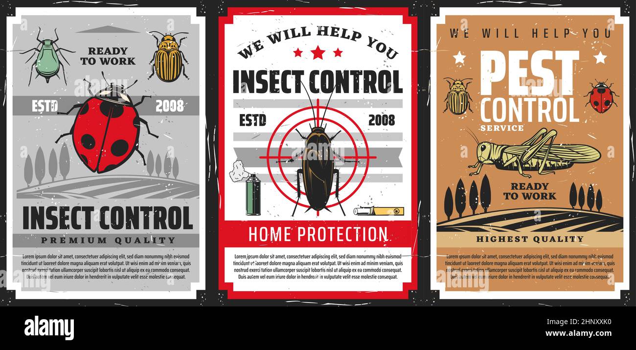 Pest control, insects extermination service vector posters. Home ...
