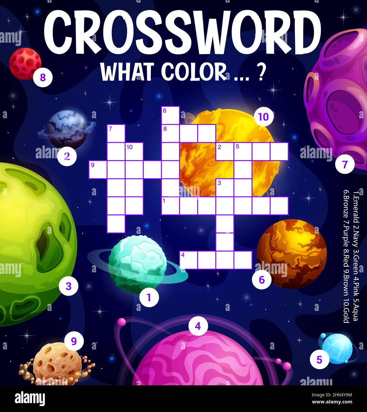 Cartoon galaxy space planets crossword worksheet, find a word quiz game ...