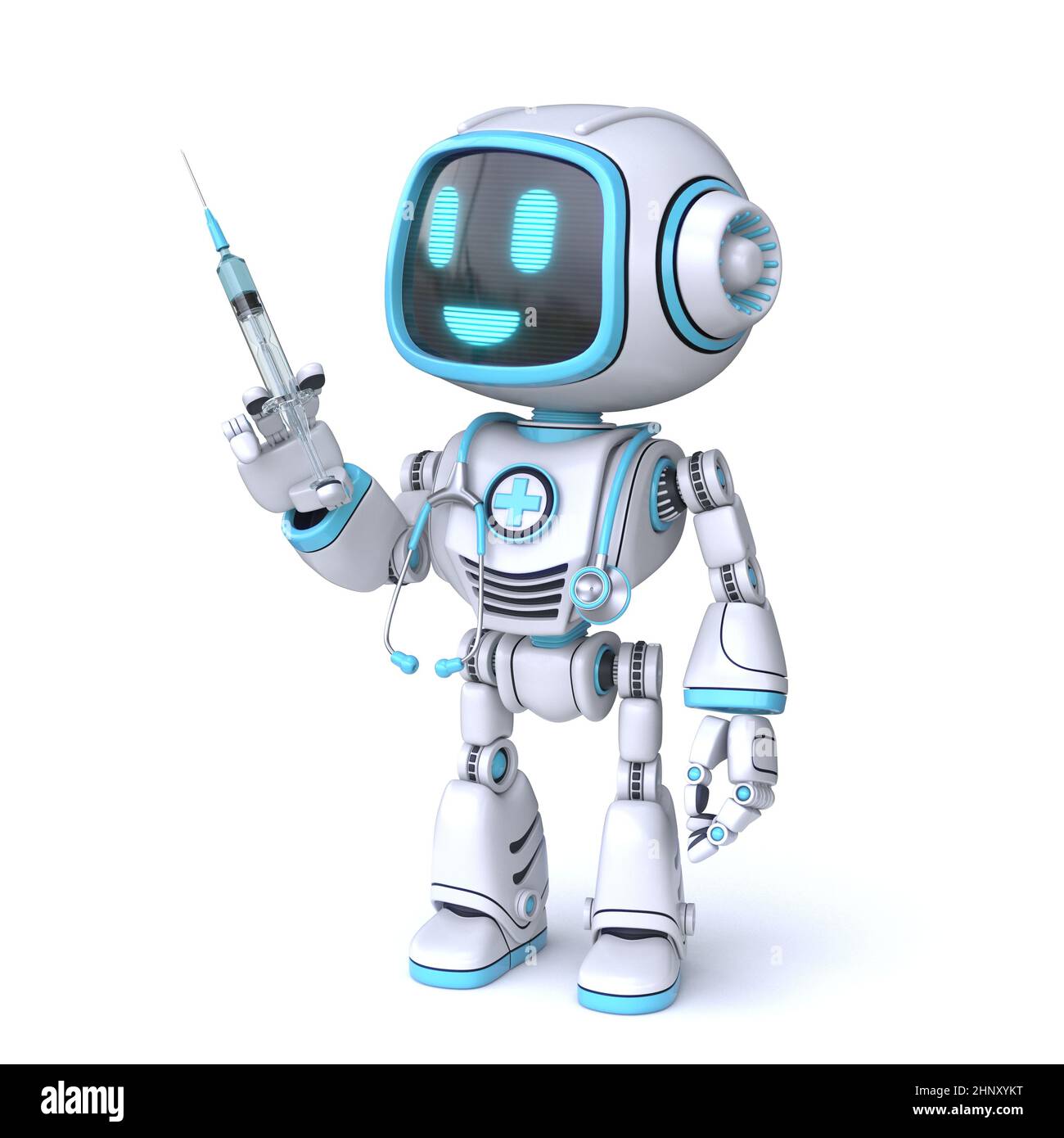 Cute blue robot doctor with an injection and stethoscope 3D rendering ...
