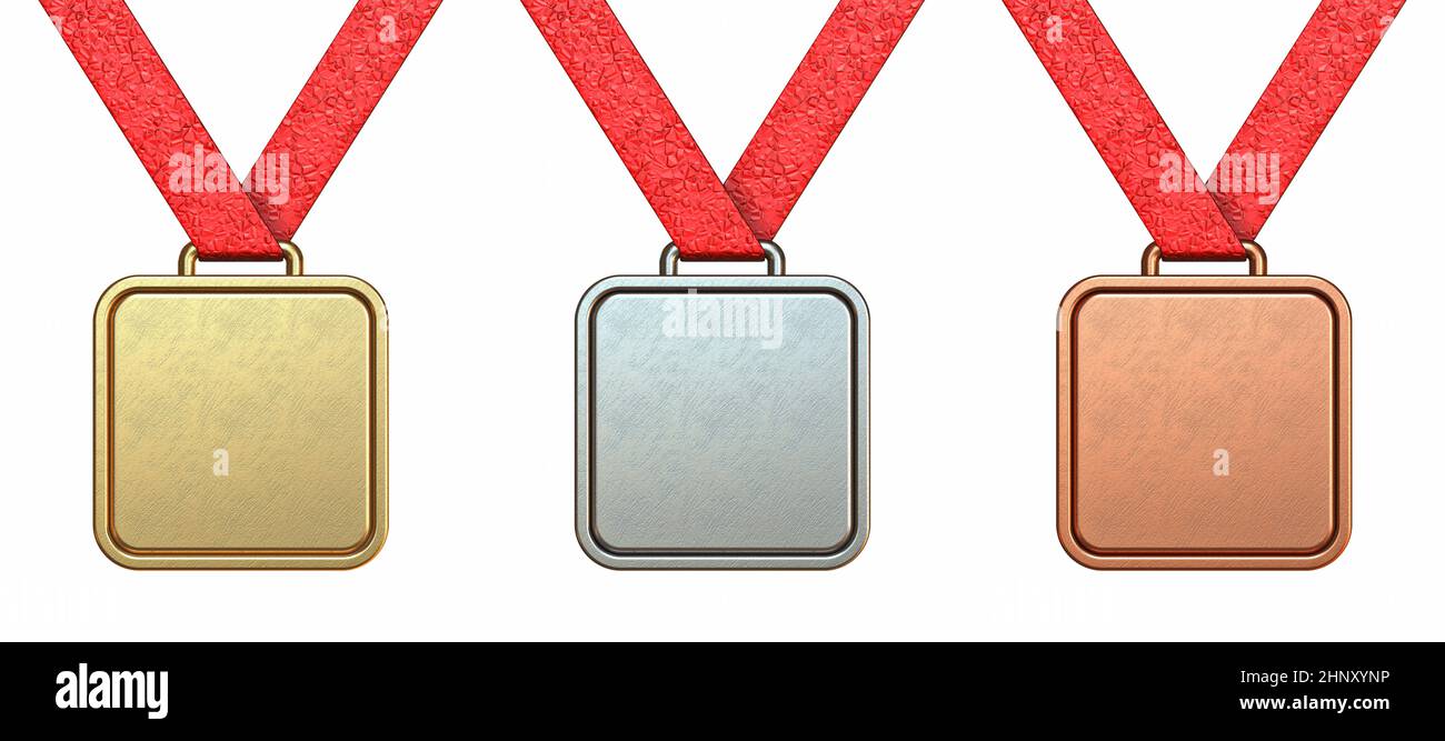 Golden, silver and bronze square medal collection 3D rendering ...
