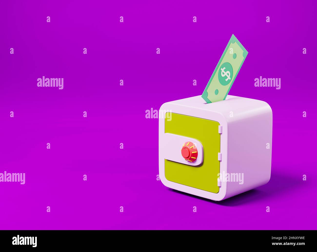 Dollar bill banknote money being put into isometric safe box on purple ...