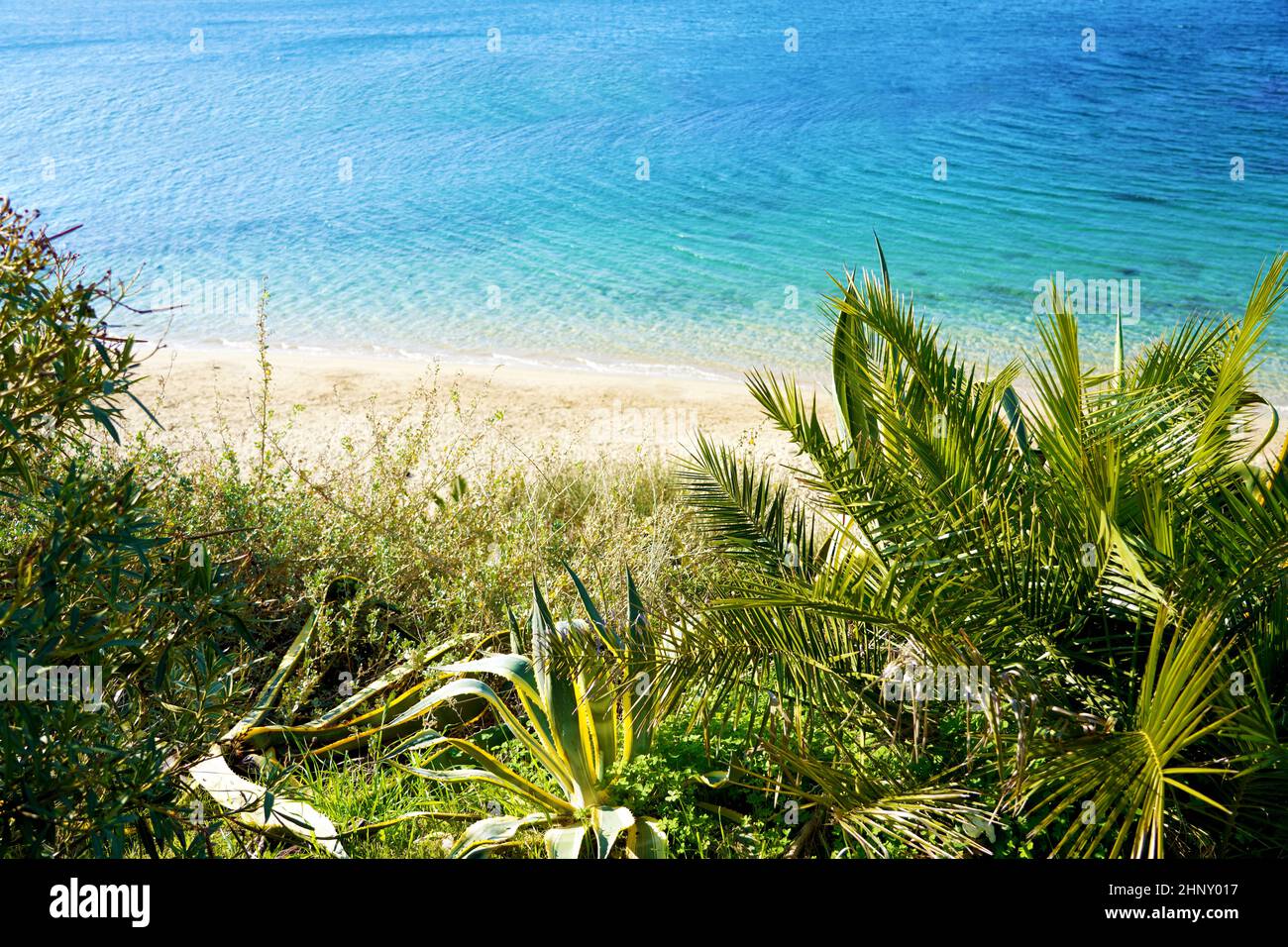 Hidden natural beach with white sand and blue water summr background ...