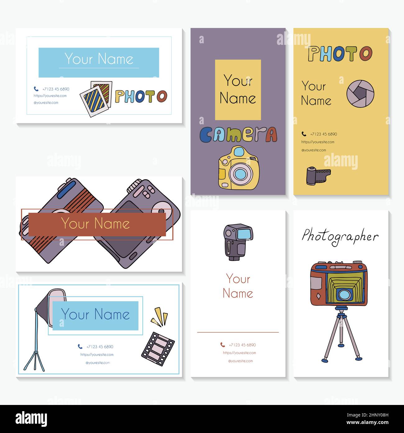 Vector photo cameras sketch business cards. Hand drawn style. Different ...