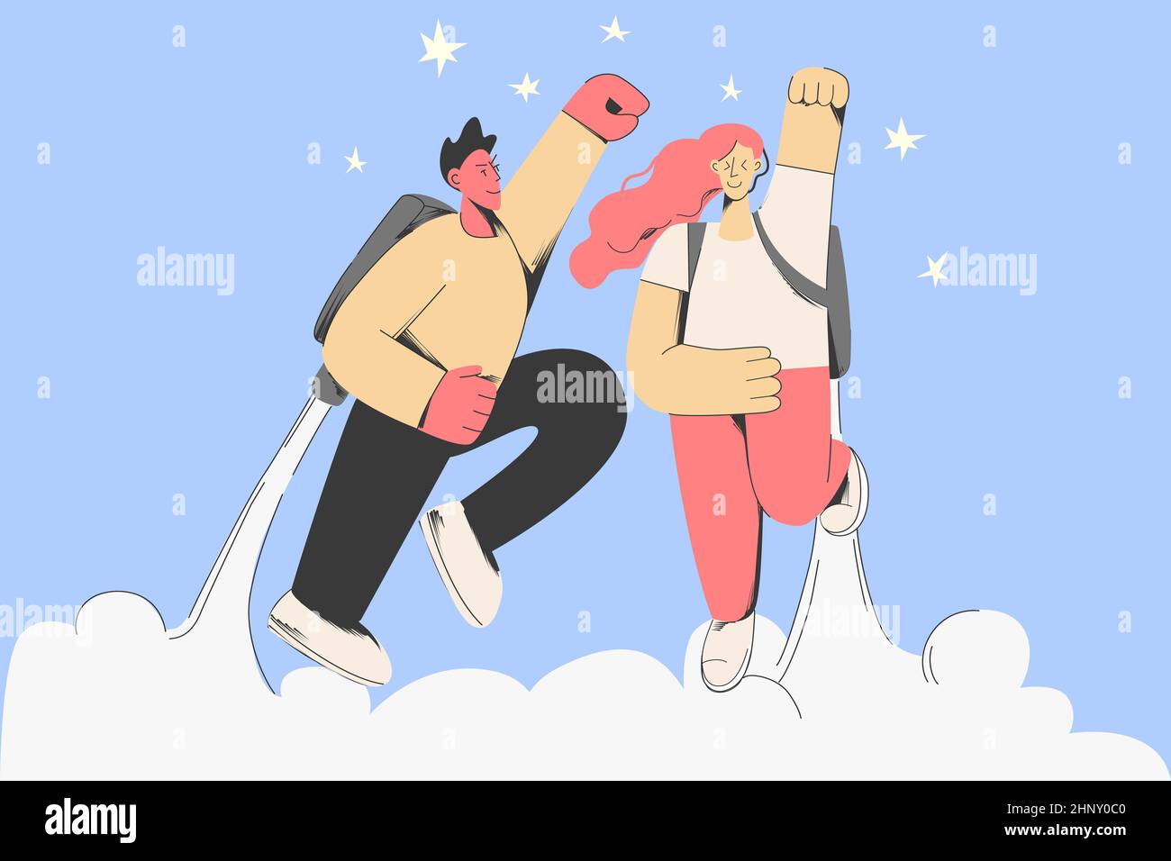 Happy man and woman reach star fly above clouds, achieve goal or ...