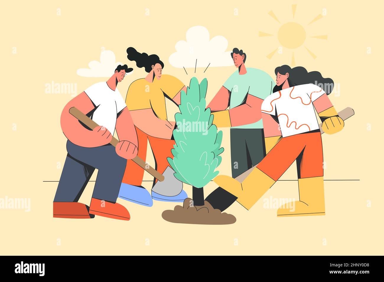 Group of volunteers work together plant tree, save environment and ...