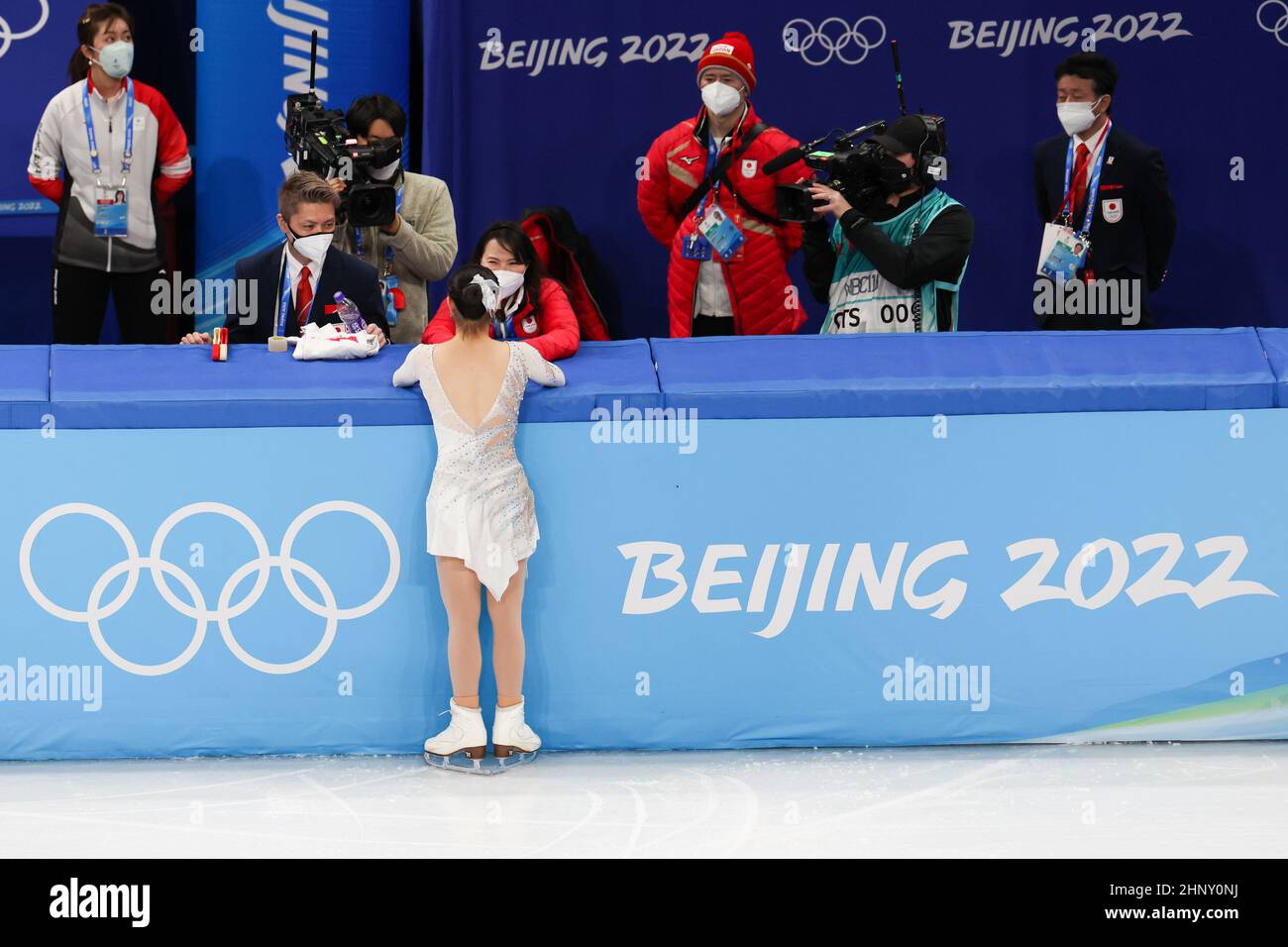 Beijing, China. 15th Feb, 2022. (L-R) Mana Kawabe, Mie Hamada coach ...