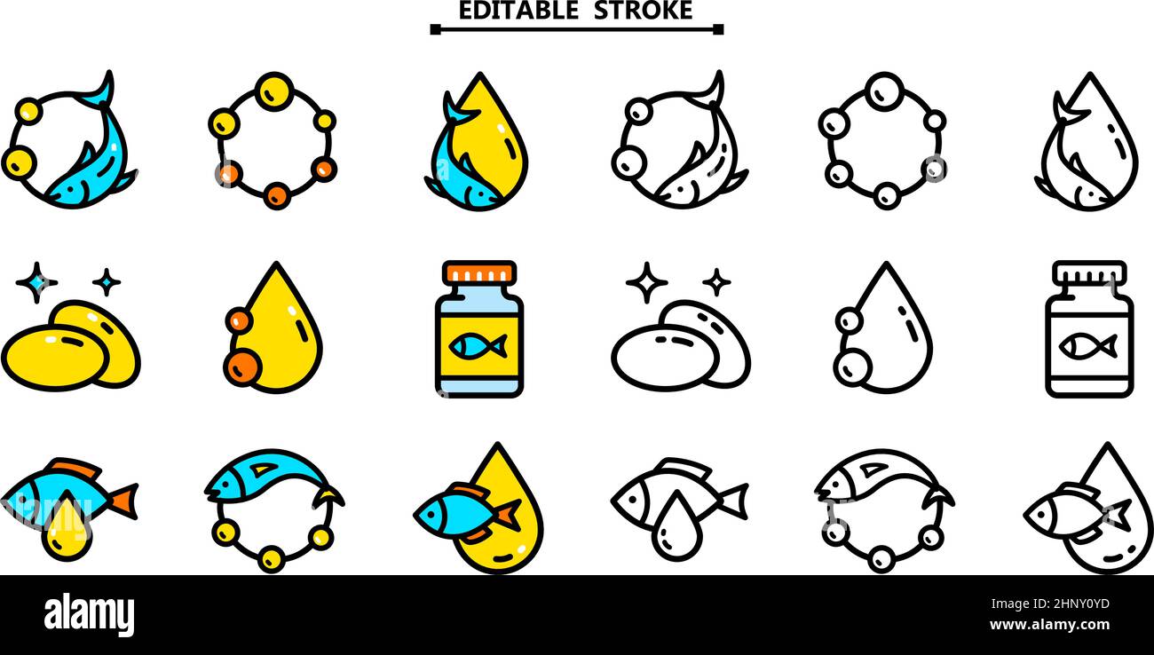 Set of fish oil icon isolated on white. Editable stroke. Fish oil ...