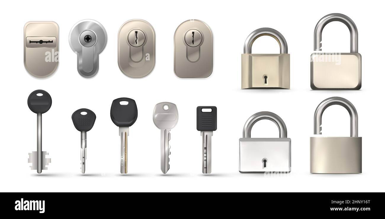 Realistic modern keys, metal padlocks and door keyholes. Open and ...