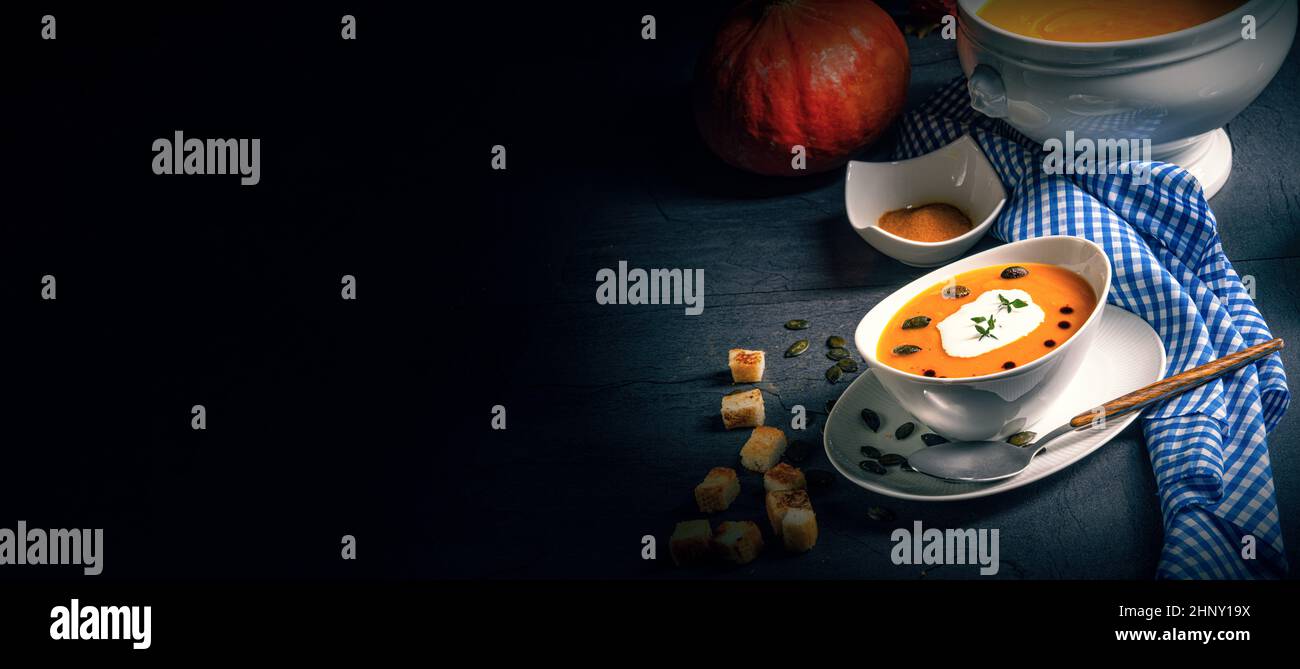 Delicious vegetable pumpkin cream soup with coconut milk Stock Photo ...