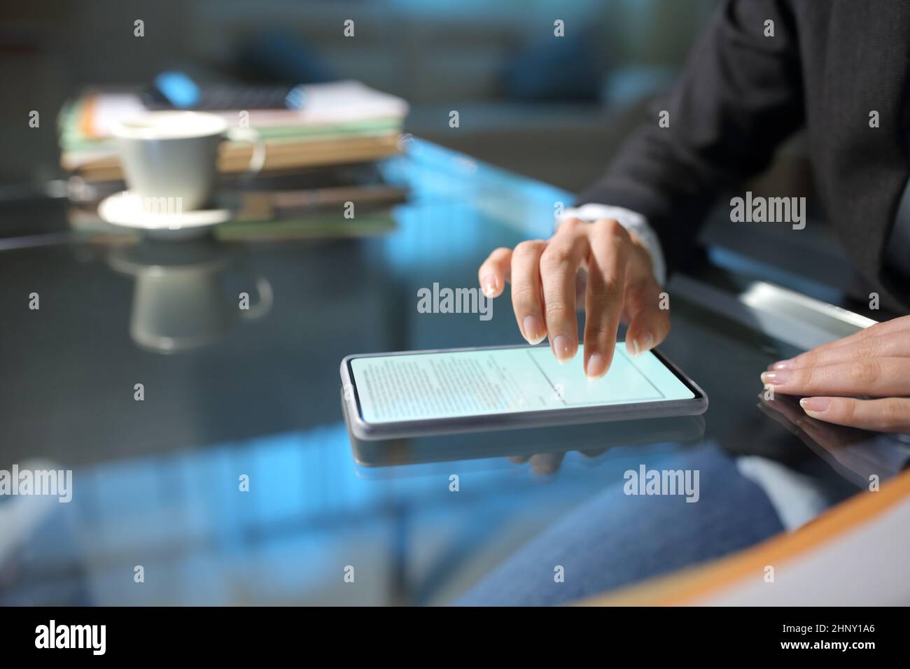 Close up of an executive hand filling online form on smart phone in the ...