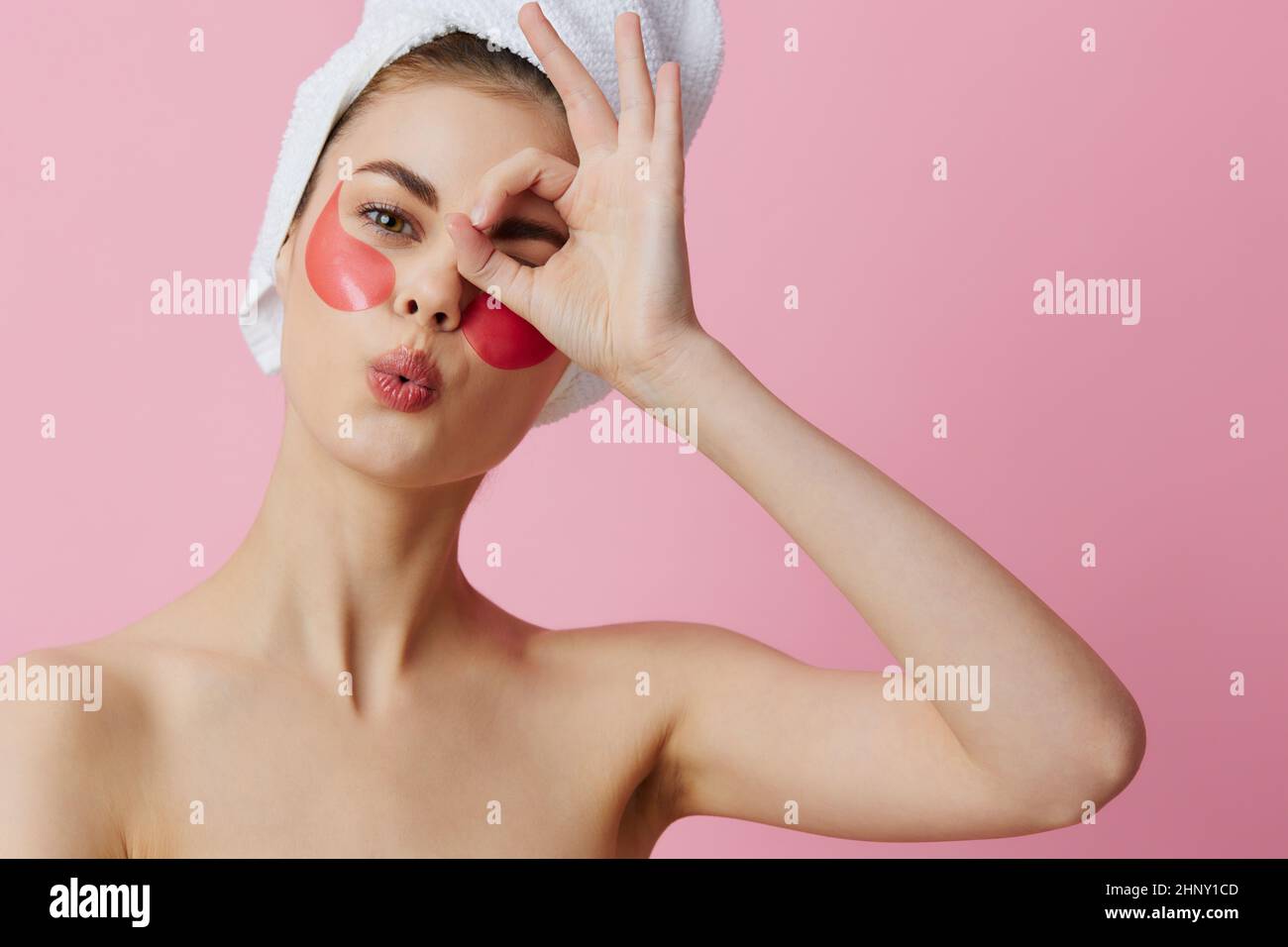woman pink patches clean skin smile posing isolated background Stock ...