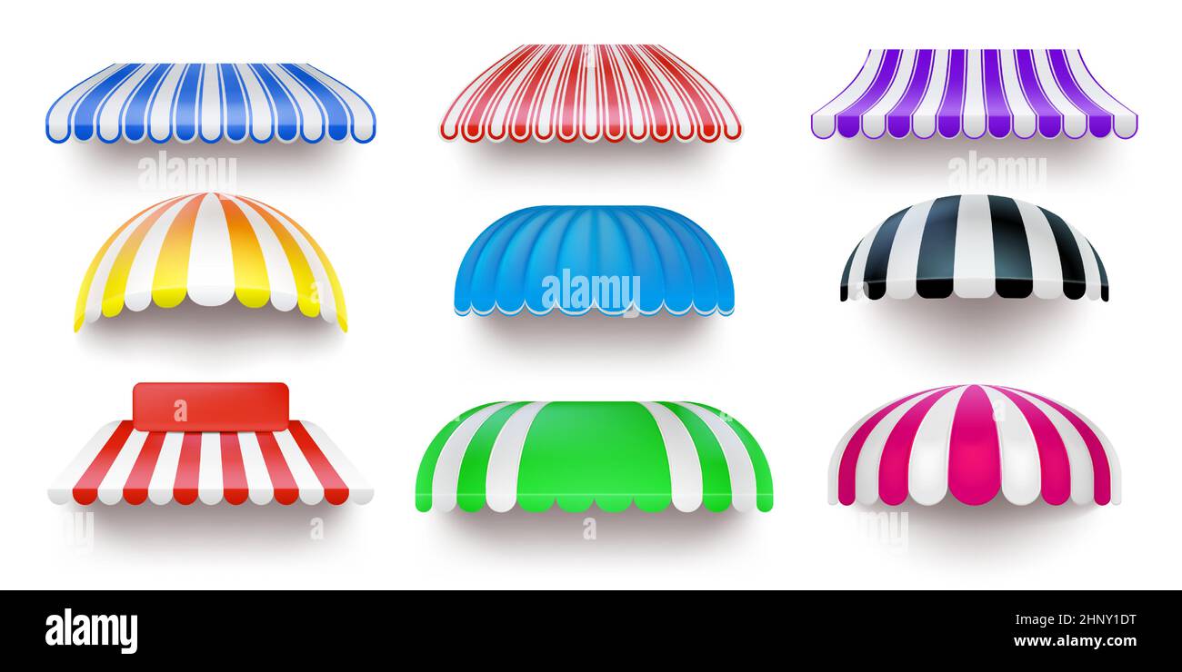 Store, shop or cafe front striped sunshade awning. Realistic market summer outdoor canopy ...