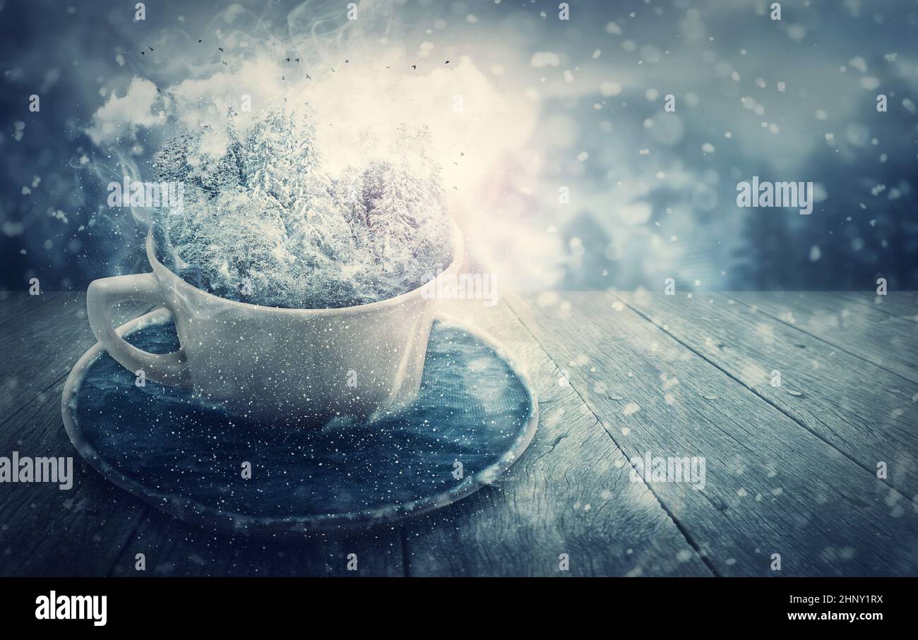 Wonderful winter time scene, a surreal cup of tea with a fantasy ...