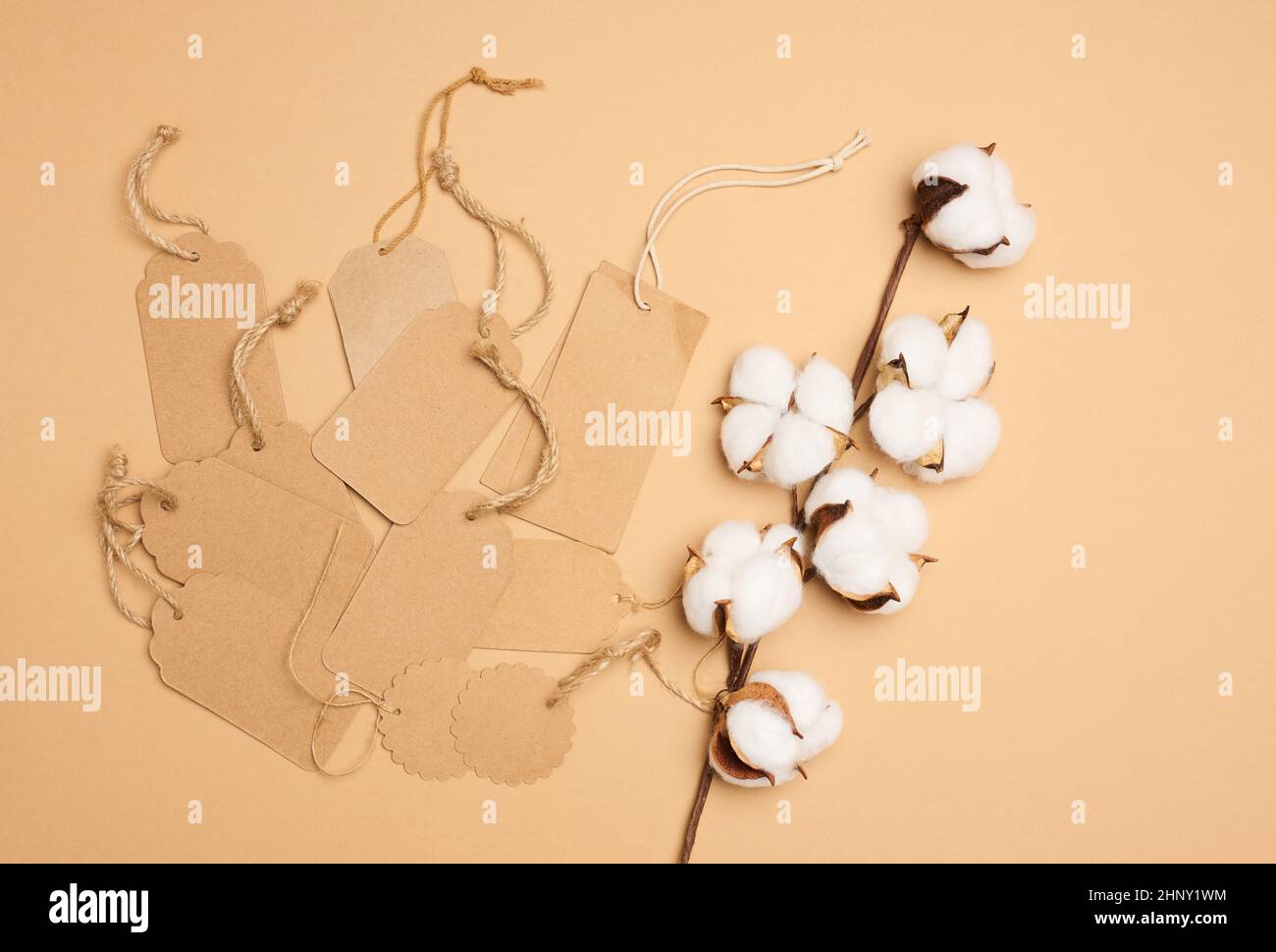 blank brown rectangular, round brown paper tag on a rope on a brown ...