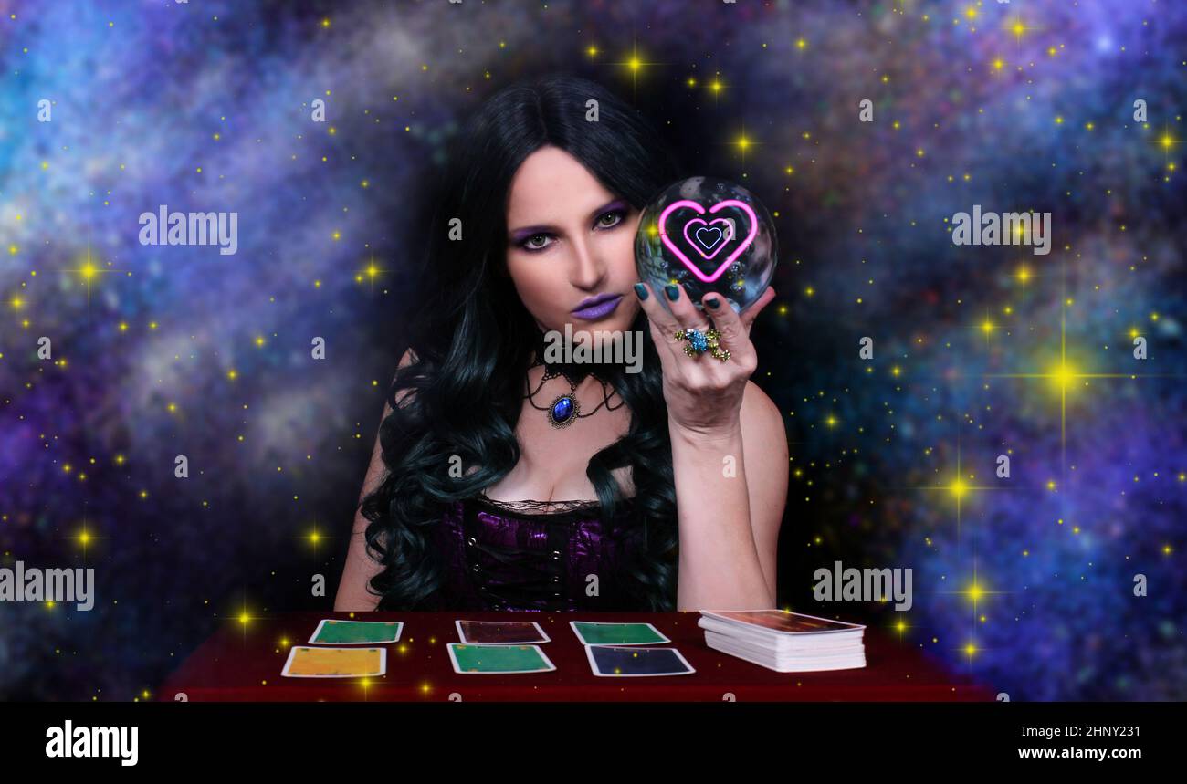 Psychic with Crystal Ball. and tarot cards on Galaxy Background Stock ...