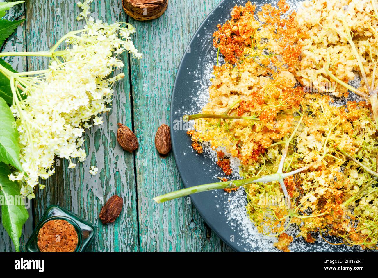 Roasted elderflower in batter with powdered sugar Stock Photo - Alamy
