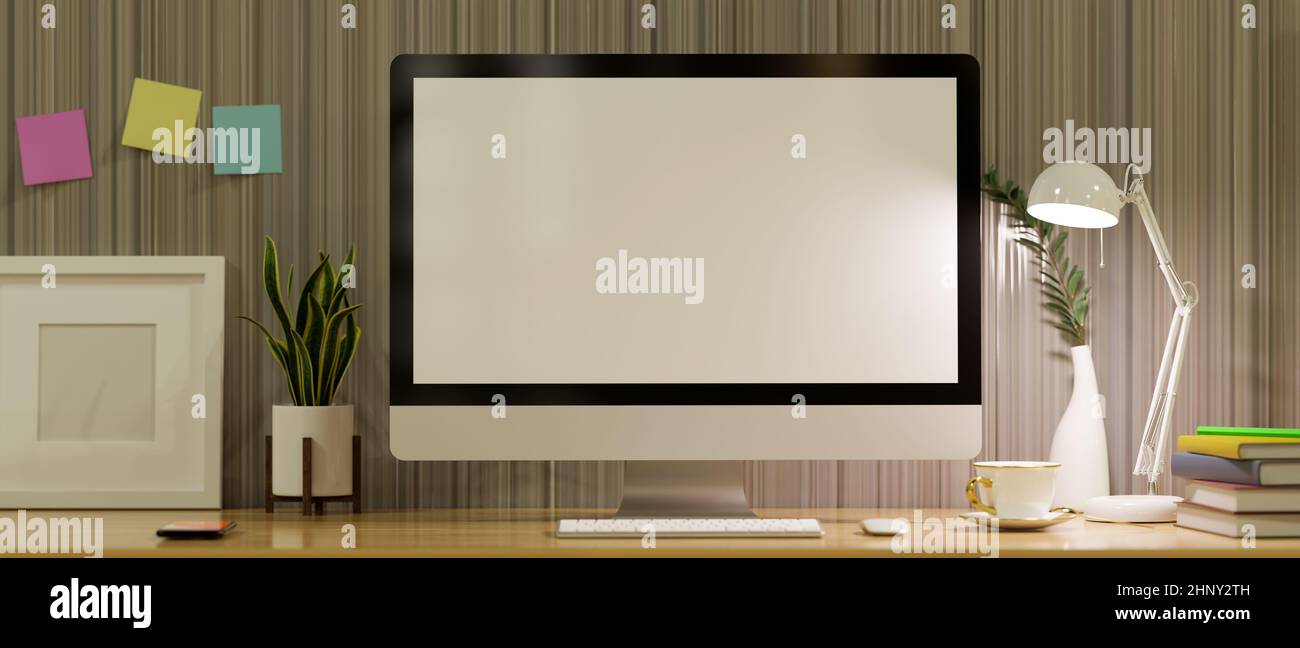 Modern contemporary home office workspace interior with close-up, pc ...