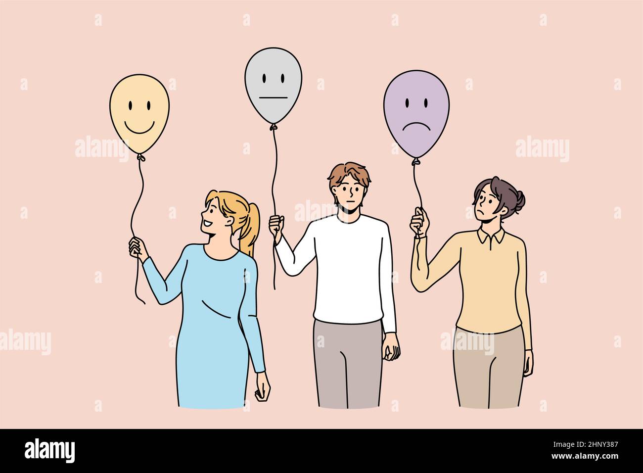 Diverse people hold balloons with different emotions. Clients or ...