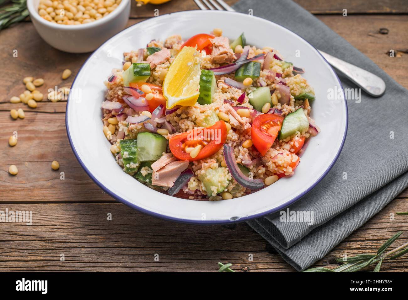 Food dieting concept, tuna salad. Couscous salad with conserved tuna ...