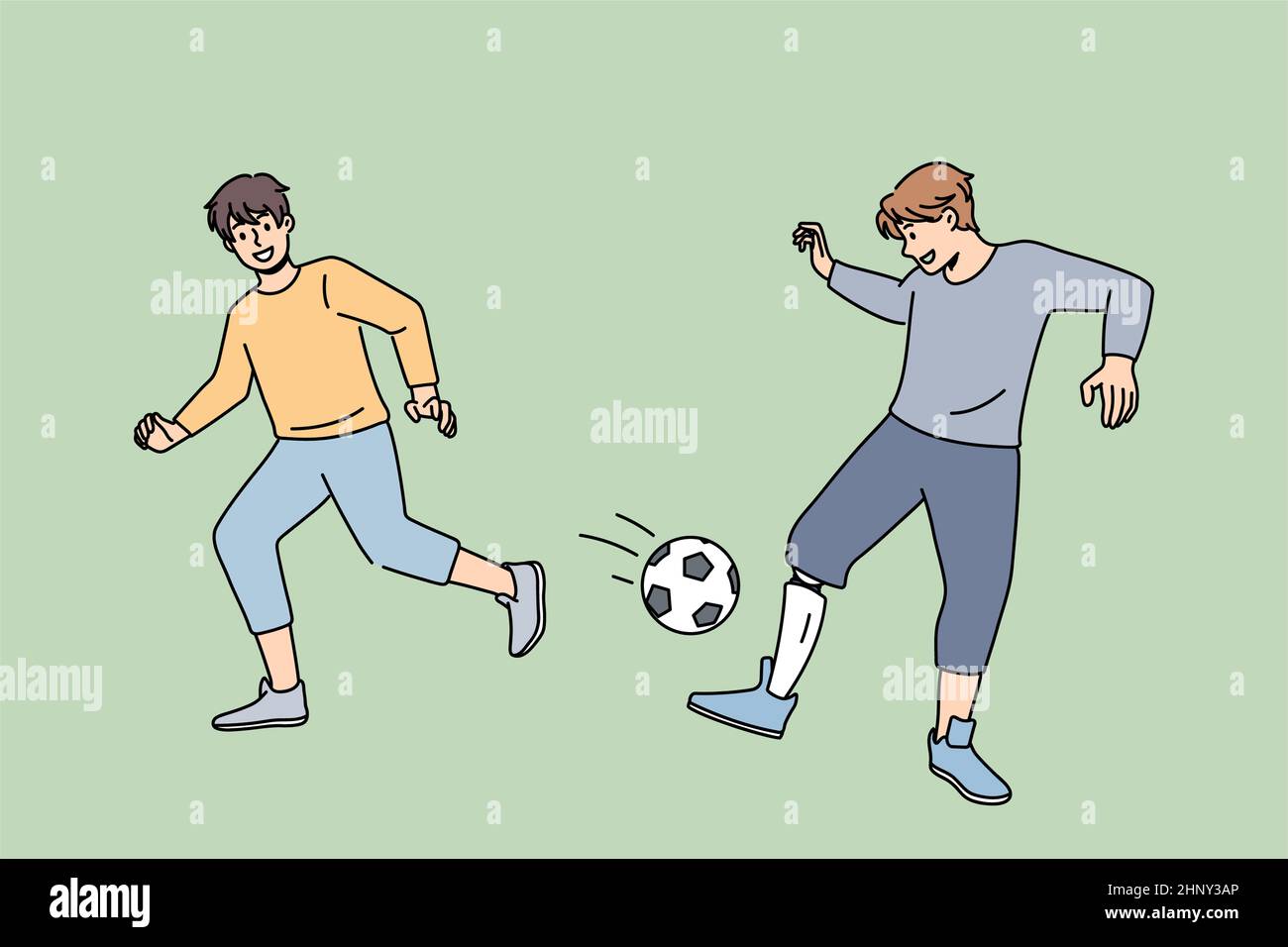 Smiling boy with prosthesis leg play football with friend in yard ...