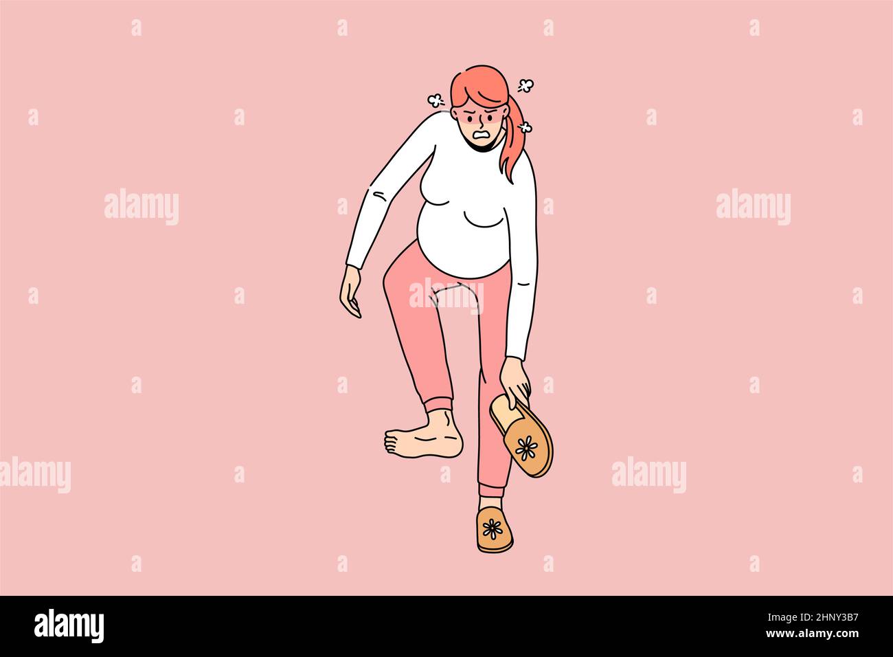 Angry pregnant woman bend with huge belly try wear sleepers. Unhappy ...