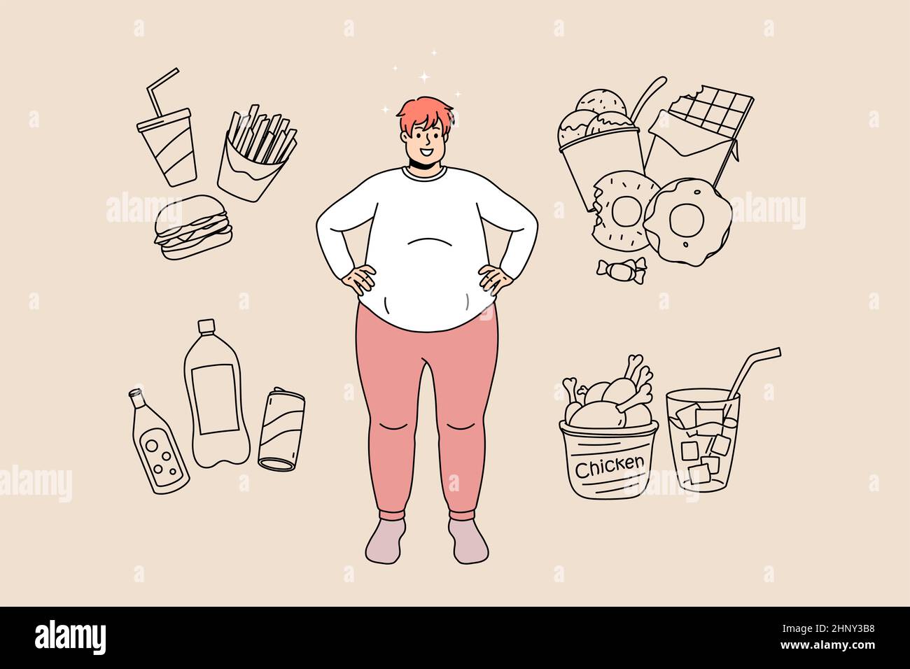 Smiling fat man surrounded by fast junk food and drinks. Happy ...