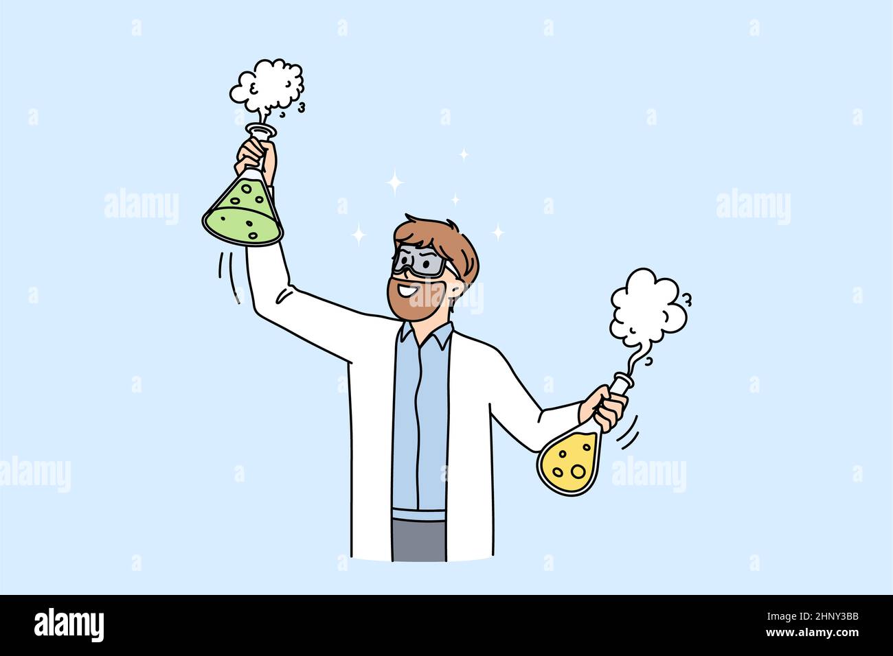 Male scientist in medical uniform hold test tubes make discovery in lab ...