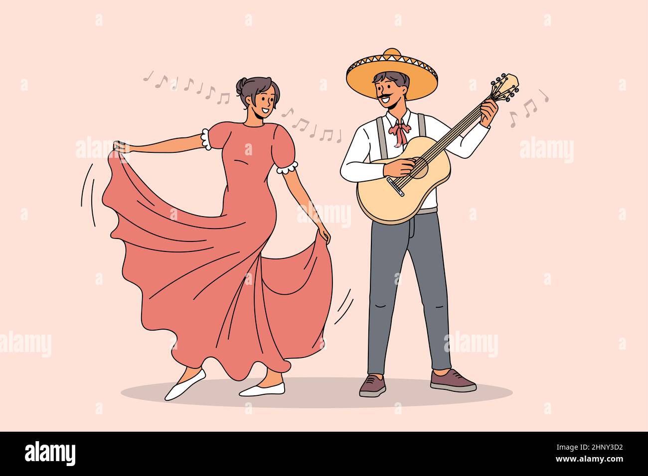 Mexican man and woman in traditional clothes dance to guitar music ...