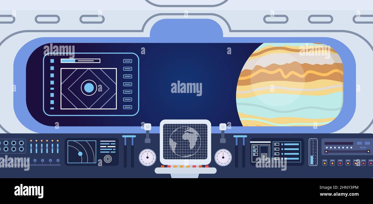 Flat spaceship cabin with control panels dashboard and porthole ...