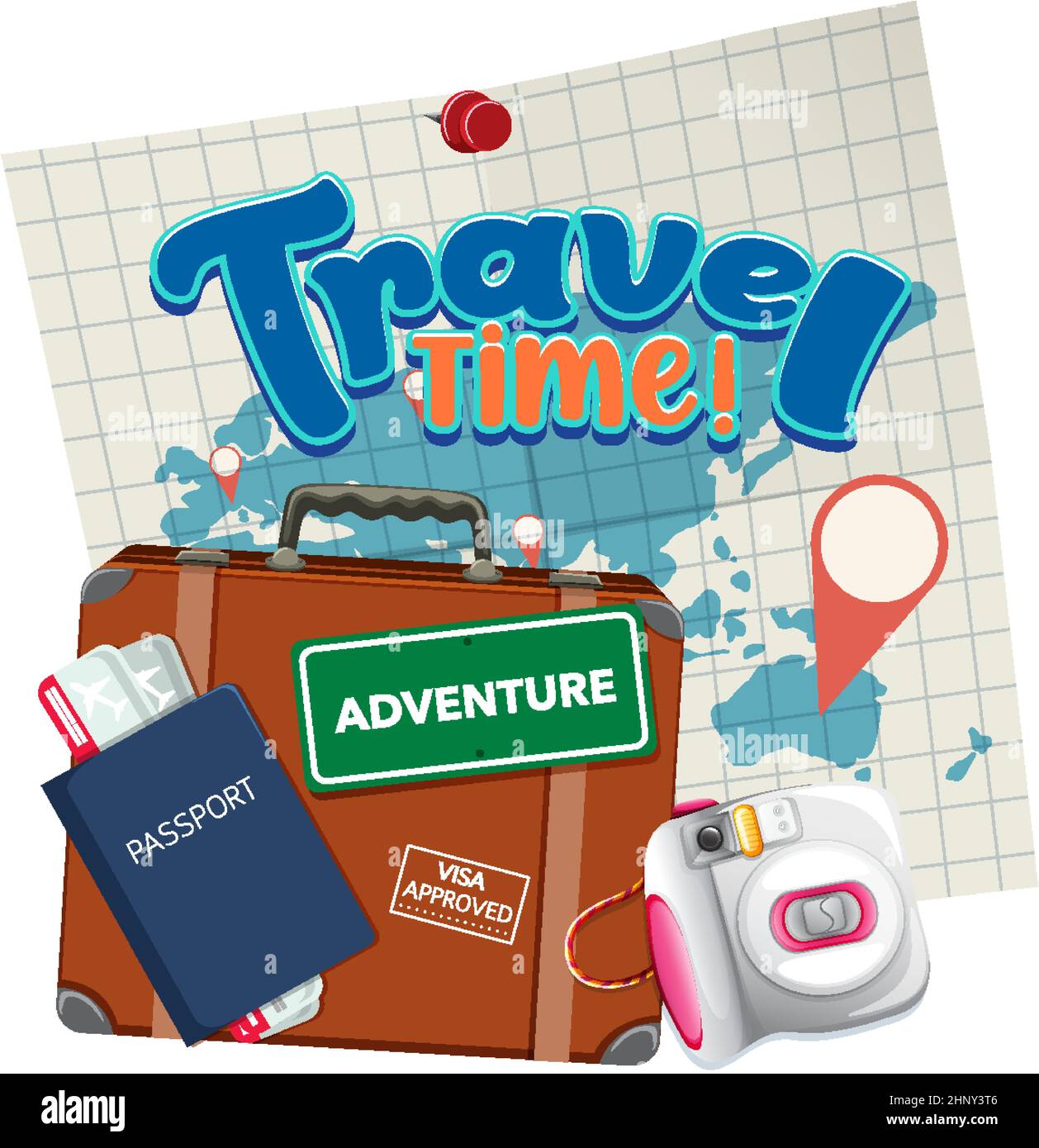 Travel Time typography design with travelling objects illustration ...