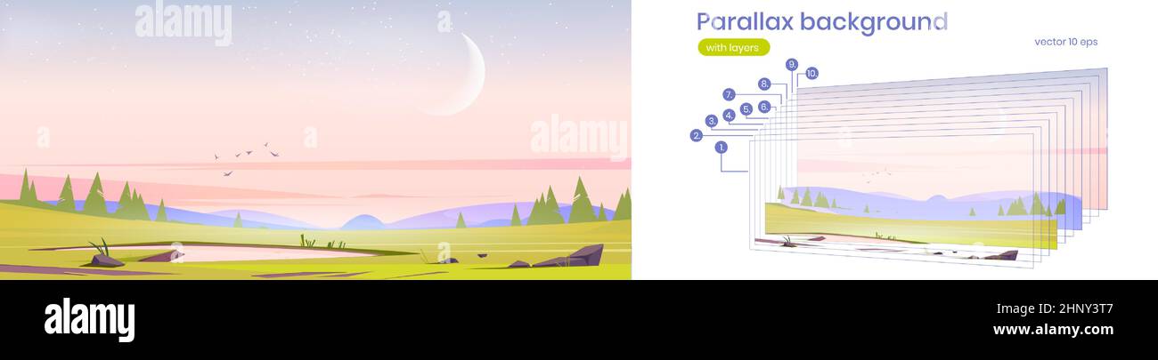 Parallax background with early morning nature landscape with green ...