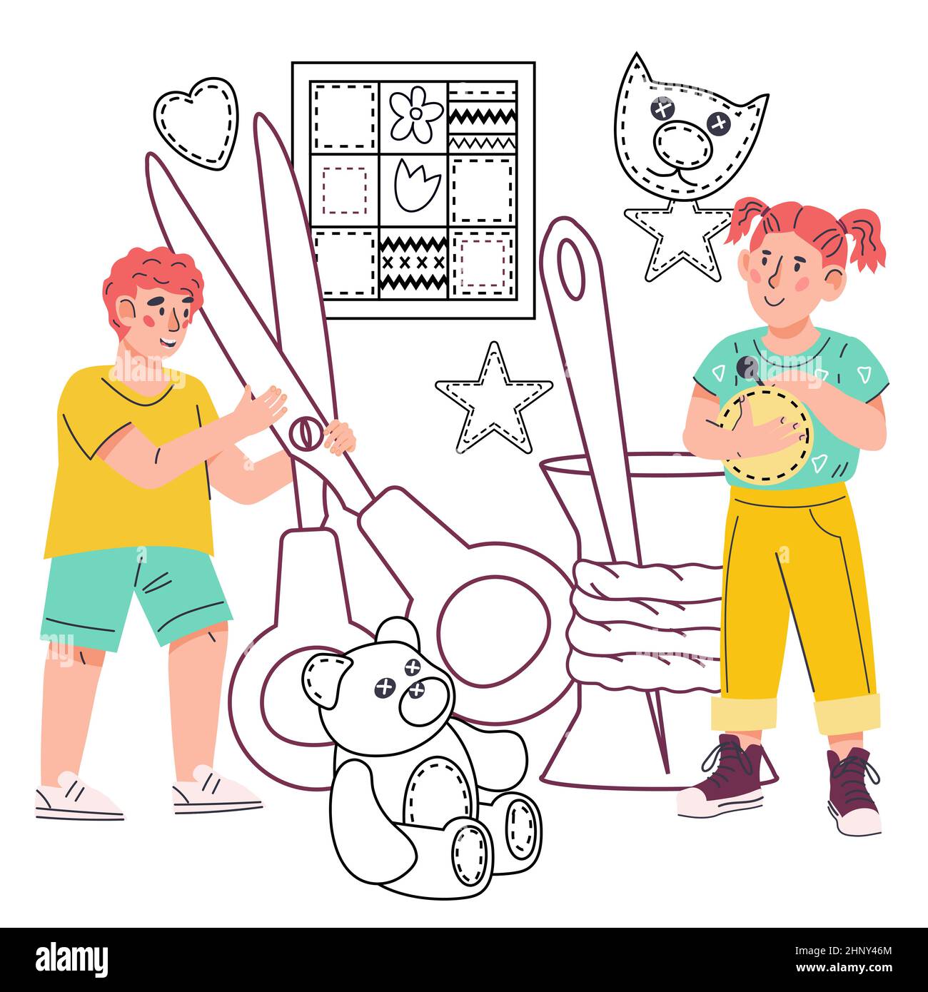 Kids creative sewing workshop lesson banner with cute children sewing ...