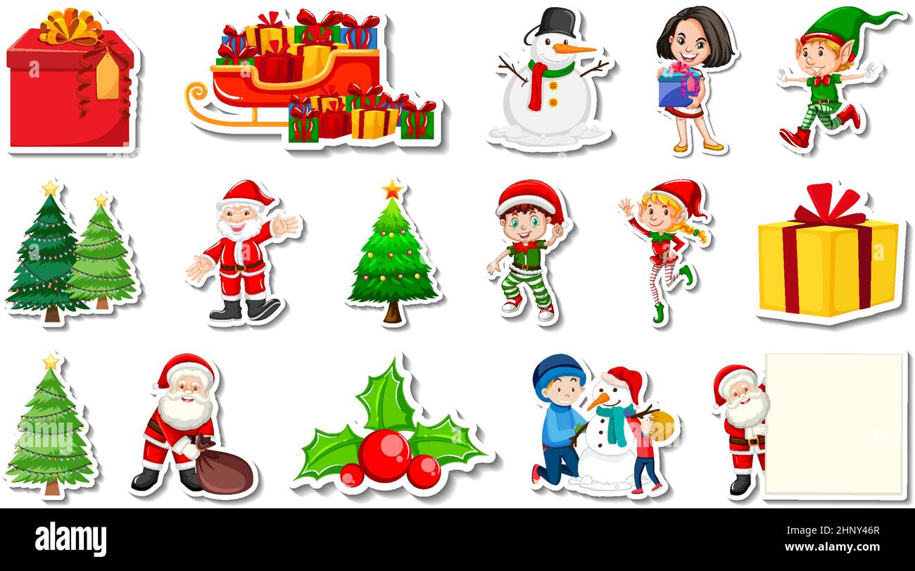 Set of Christmas objects and cartoon characters illustration Stock ...