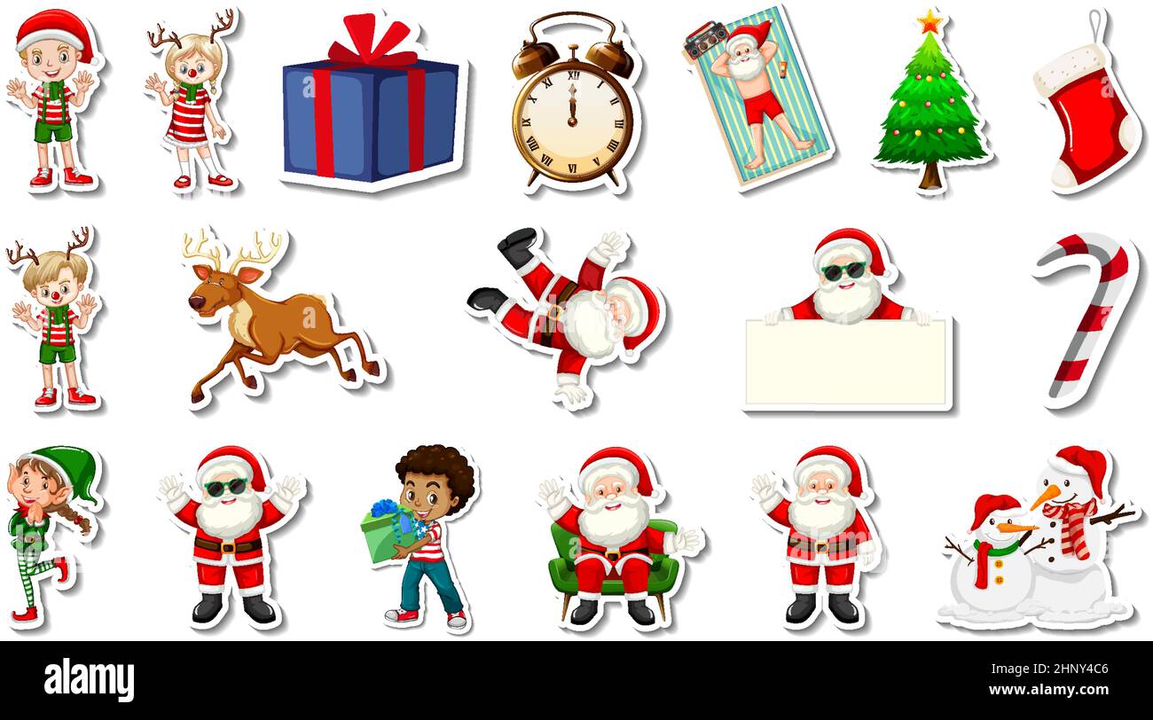 Set of Christmas objects and cartoon characters illustration Stock ...