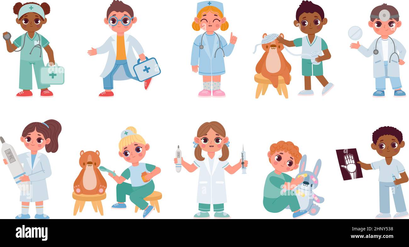 Children play hospital in doctor uniform with first aid kit toy. Cute ...