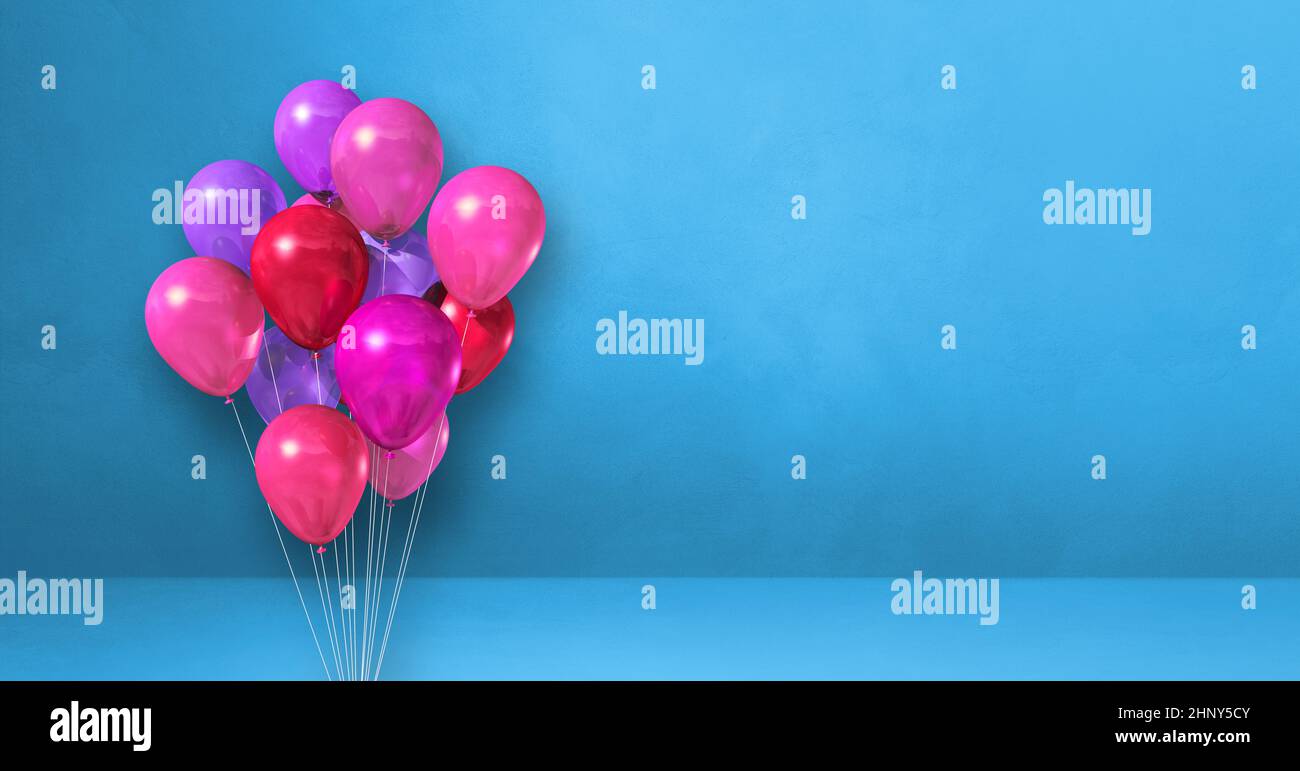 Pink balloons bunch on a blue wall background. Horizontal banner. 3D ...