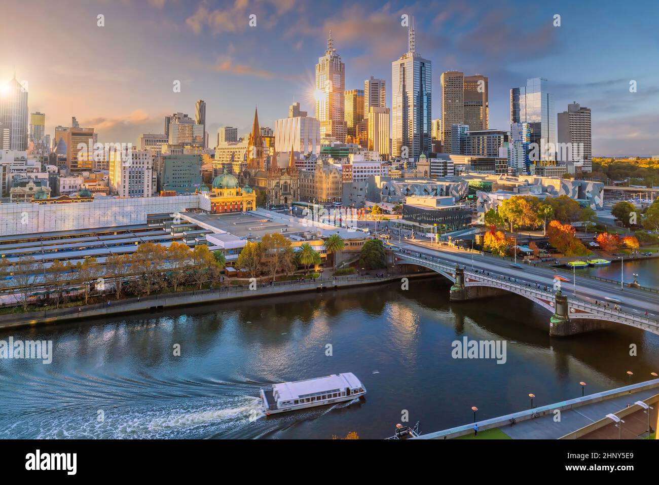 Downtown Melbourne city skyline cityscape of Australia at sunset from ...