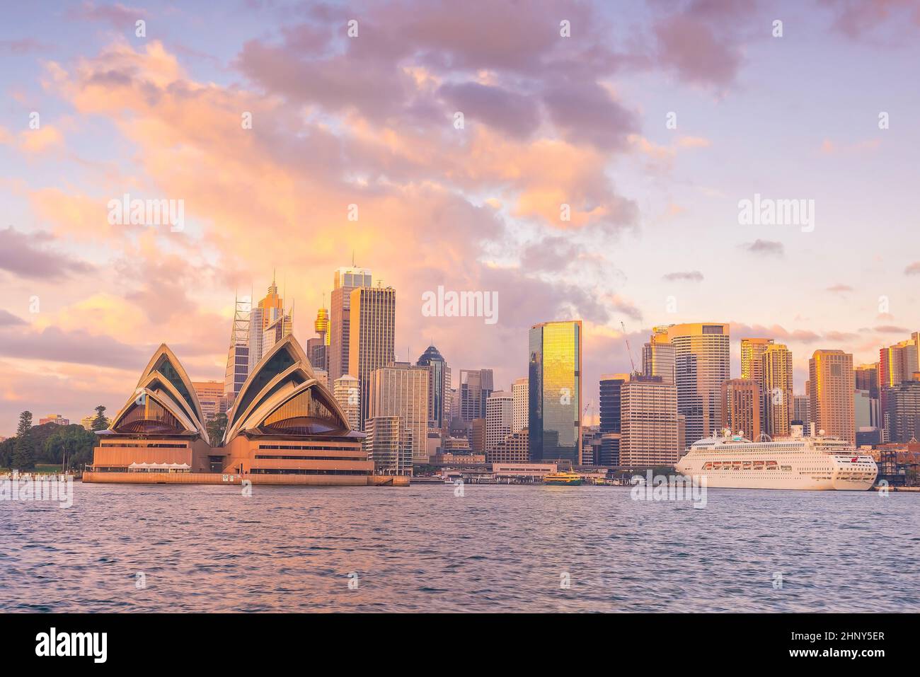 Downtown Sydney skyline in Australia from top view at sunset Stock ...
