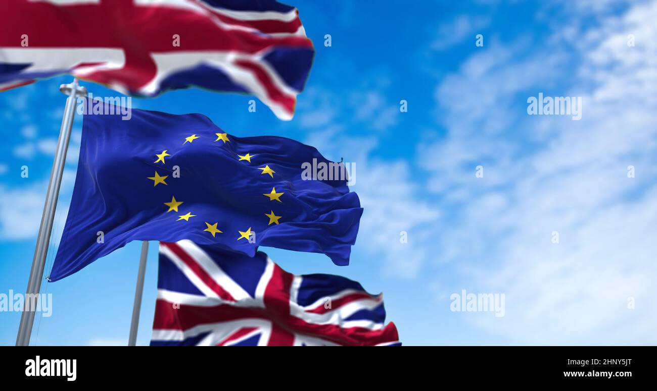 The Flag of the European Union Waving Between Two Flags of United ...