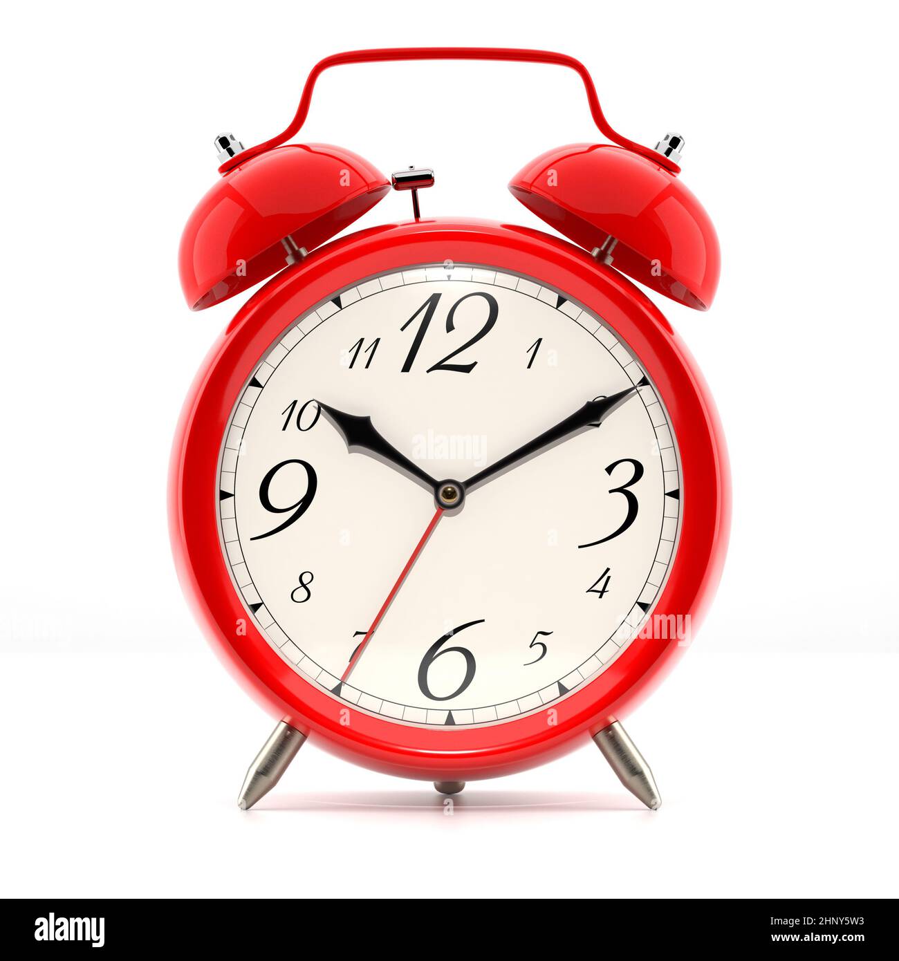 Alarm clock on white background with shadow. Vintage style red color ...