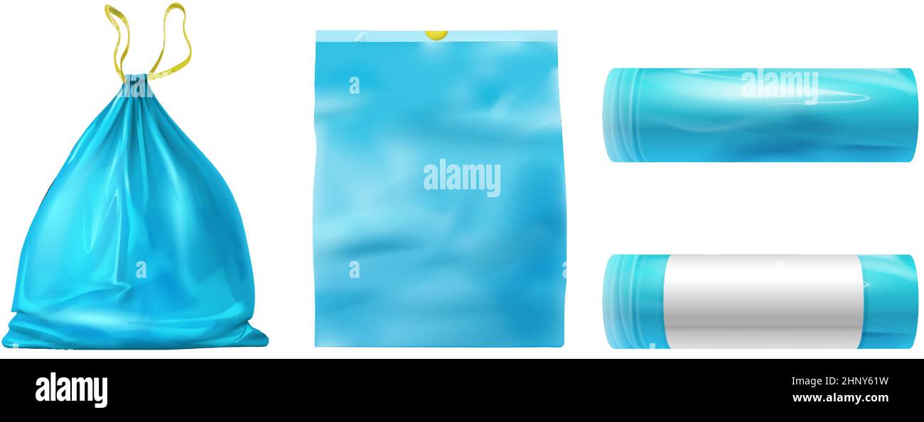Plastic trash bag full, empty and package roll mockup. Realistic sack ...