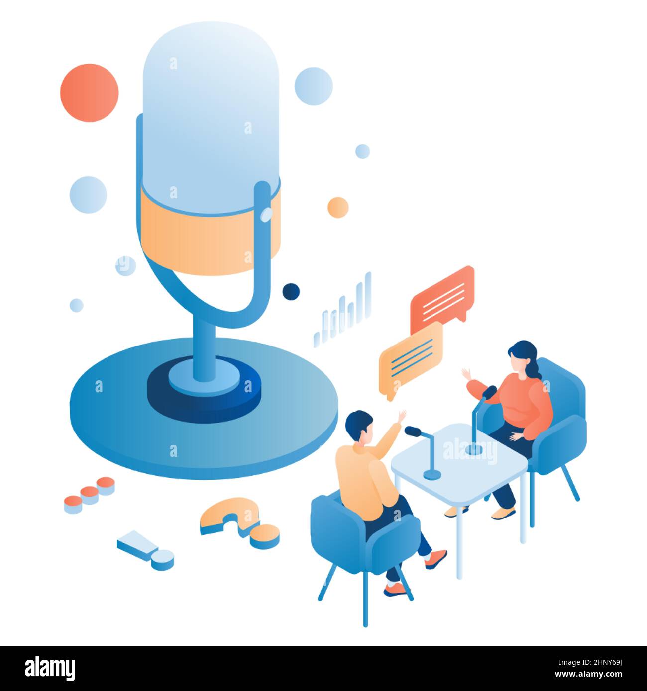 People recording talk podcast in studio, vector isometric illustration ...