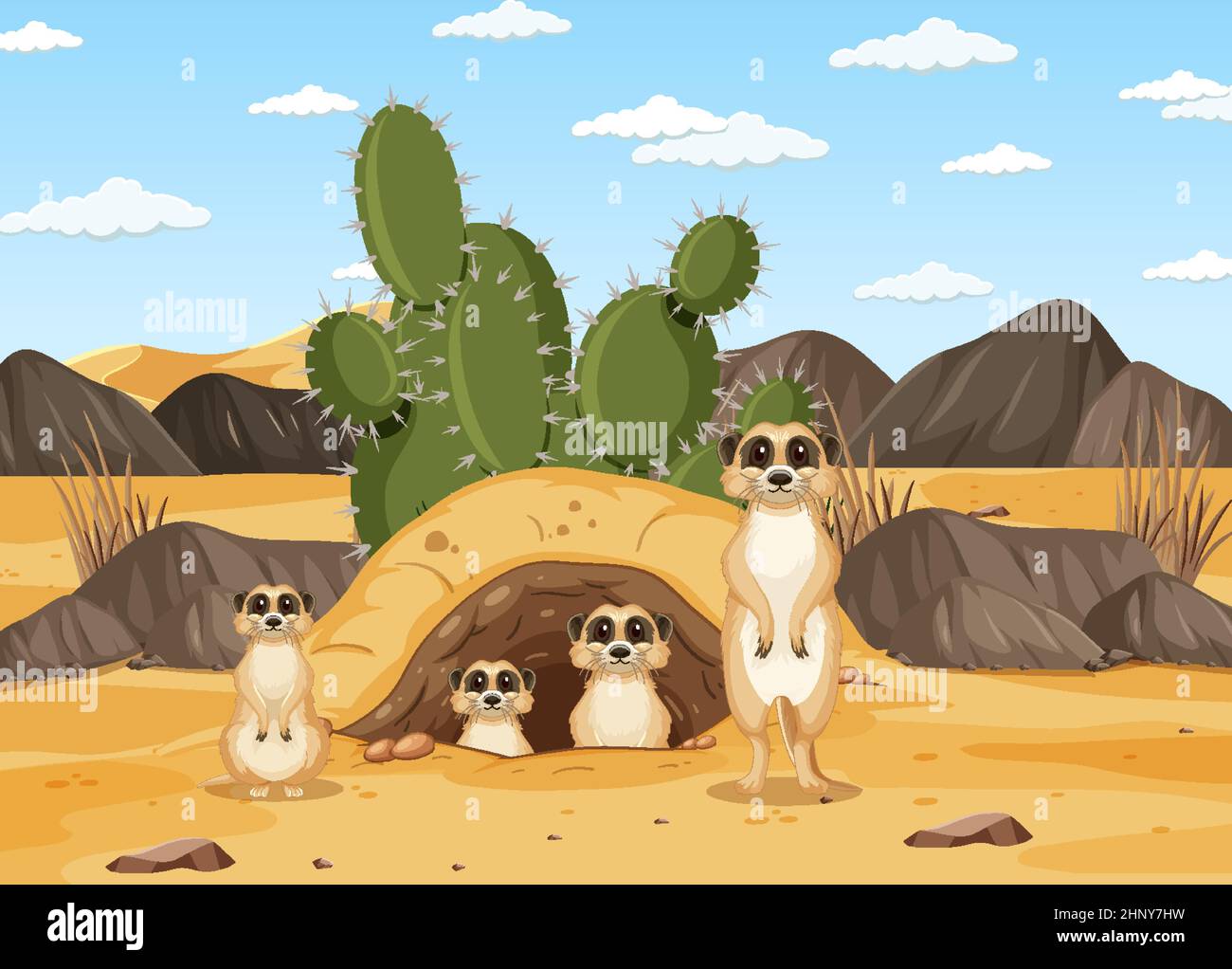 Desert background with a group of meerkats illustration Stock Vector ...