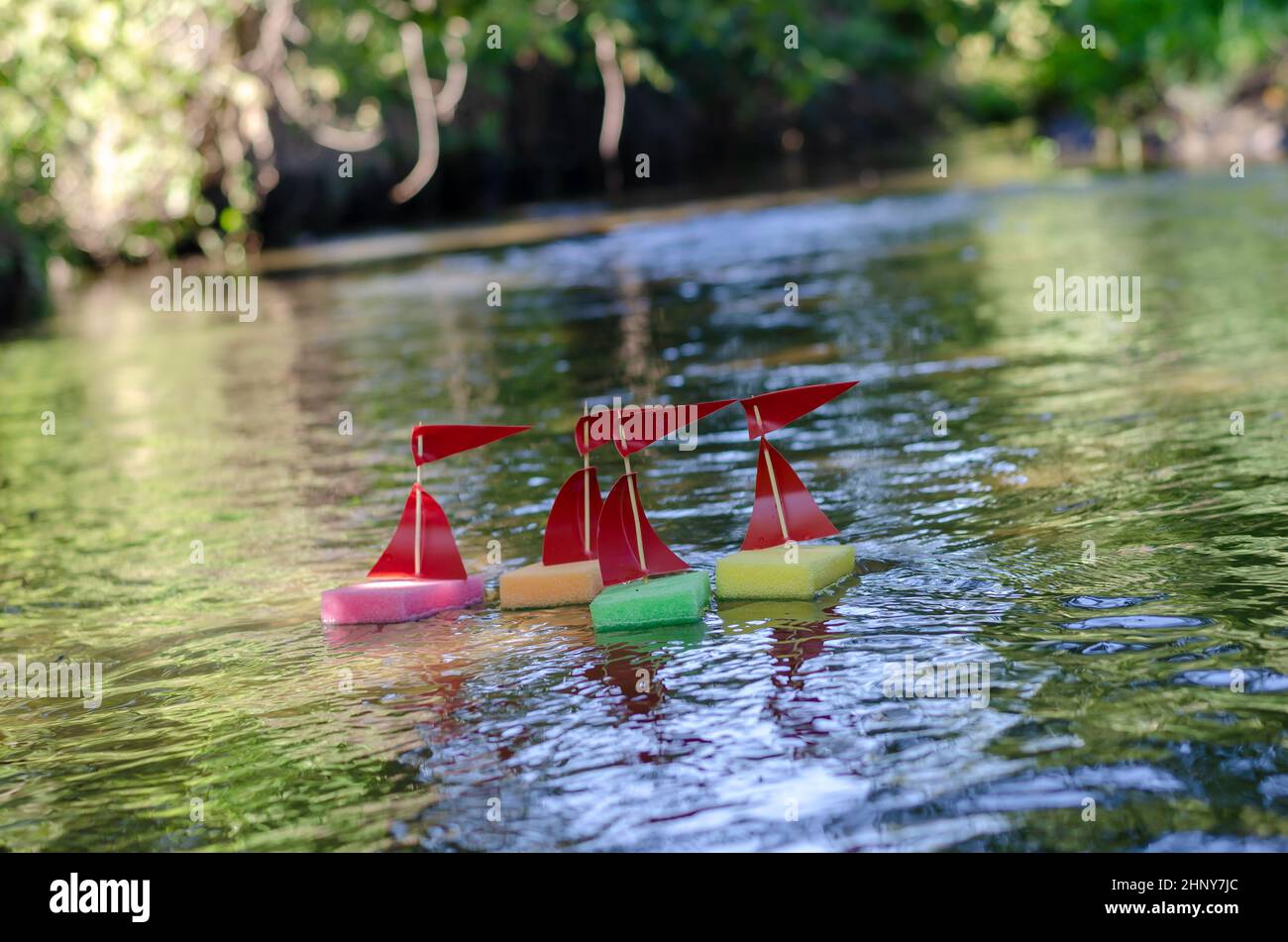 Regatta of homemade sailboats. Boats from kitchen sponges. Children's ...