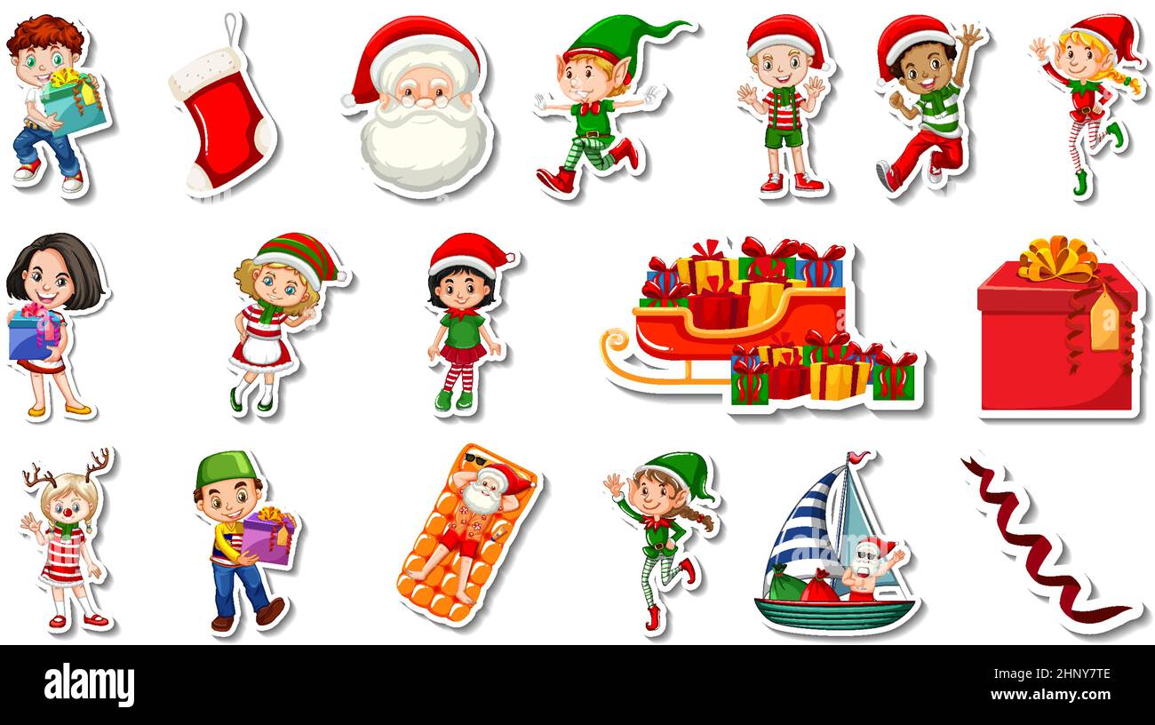Set of Christmas objects and cartoon characters illustration Stock ...
